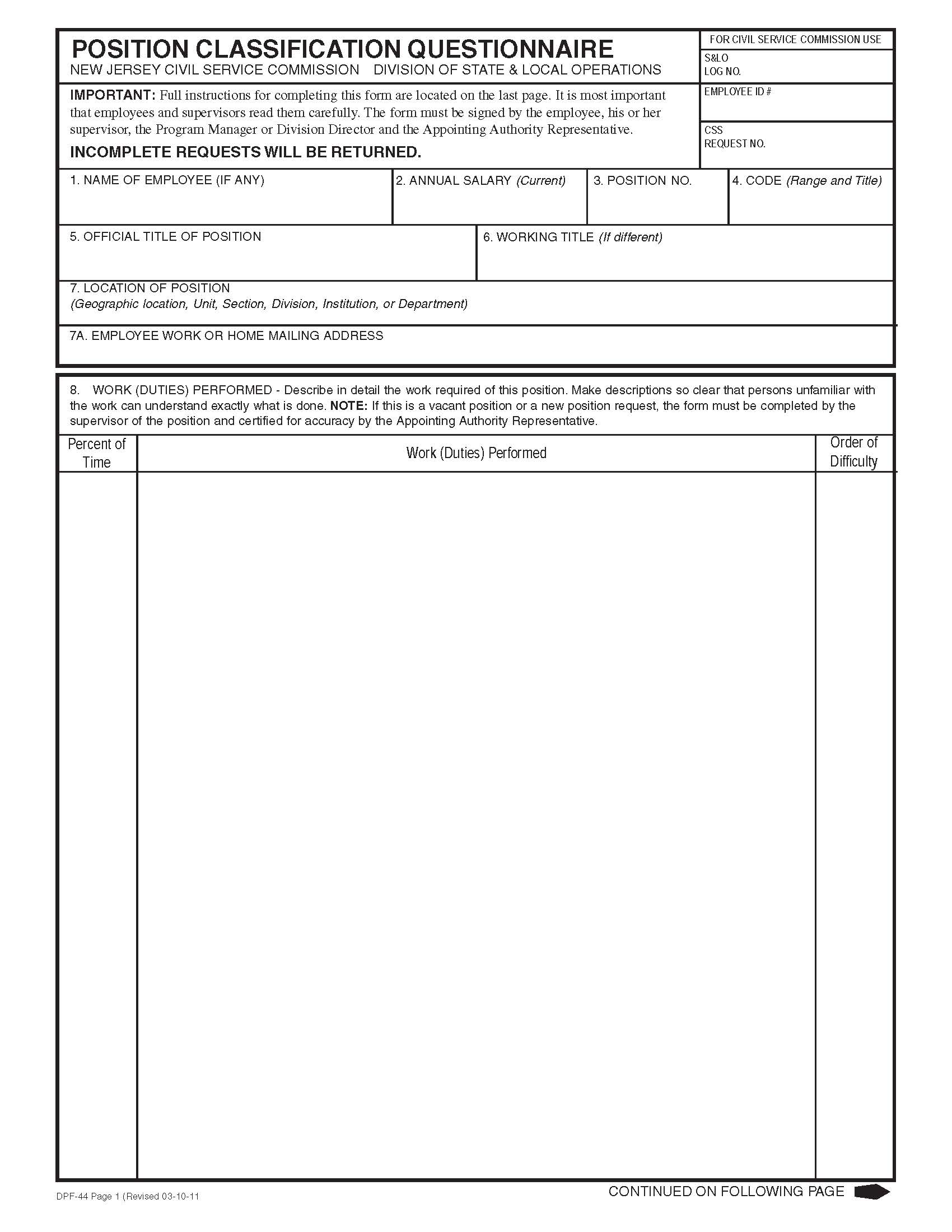 State Position Classification Questionnaire (DPF-44) - Communications ...