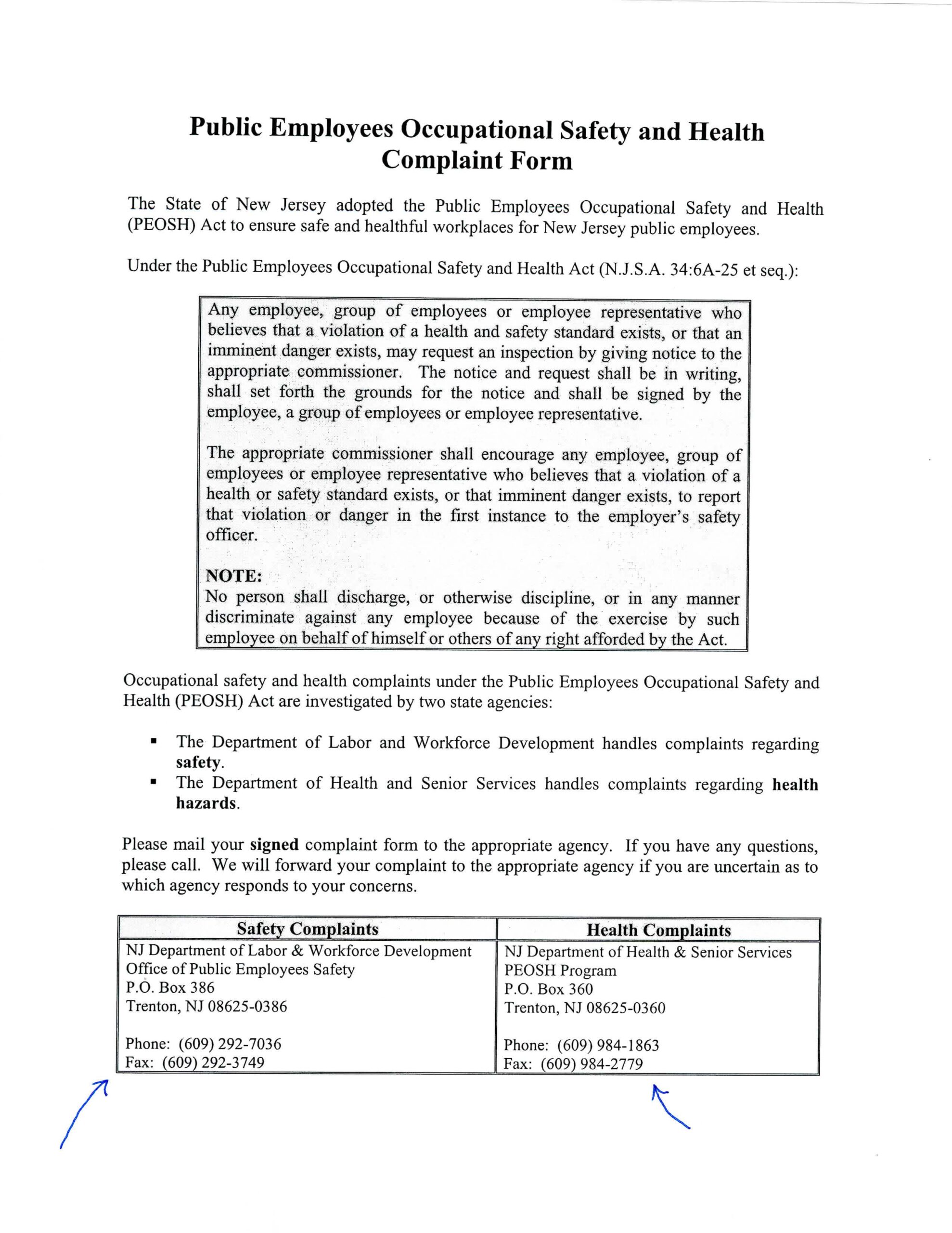 Public Employees Occupational Safety and Health (PEOSH) Complaint Form ...
